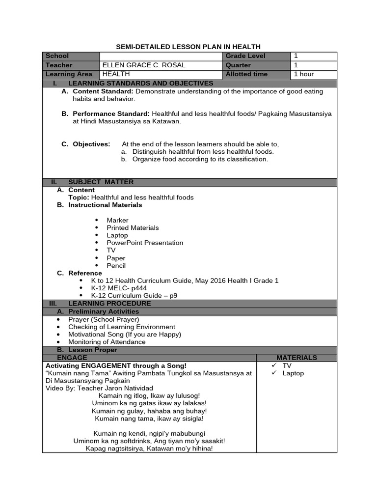 LESSON PLAN_HEALTH GRADE 1 | PDF | Foods | Learning