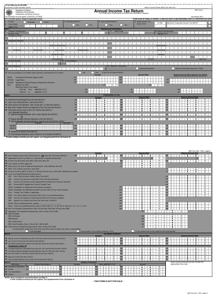 New Income Tax Return BIR Form 1702 - November 2011 Revised | PDF | Tax ...