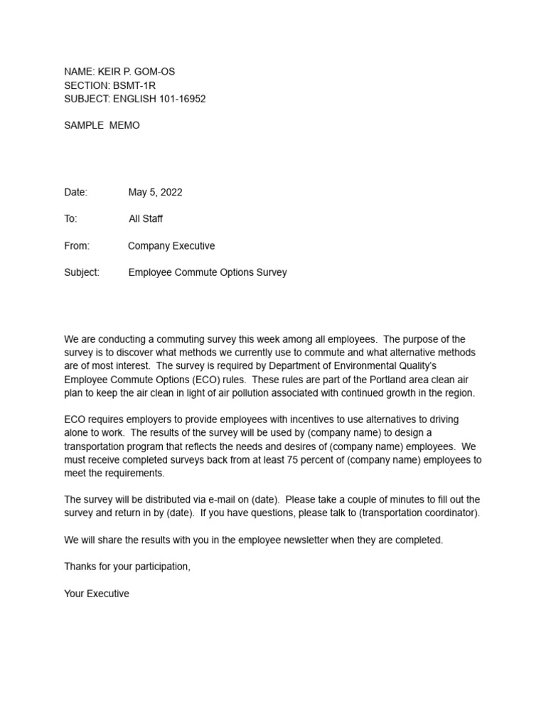 Employee Commute Survey Memo | PDF