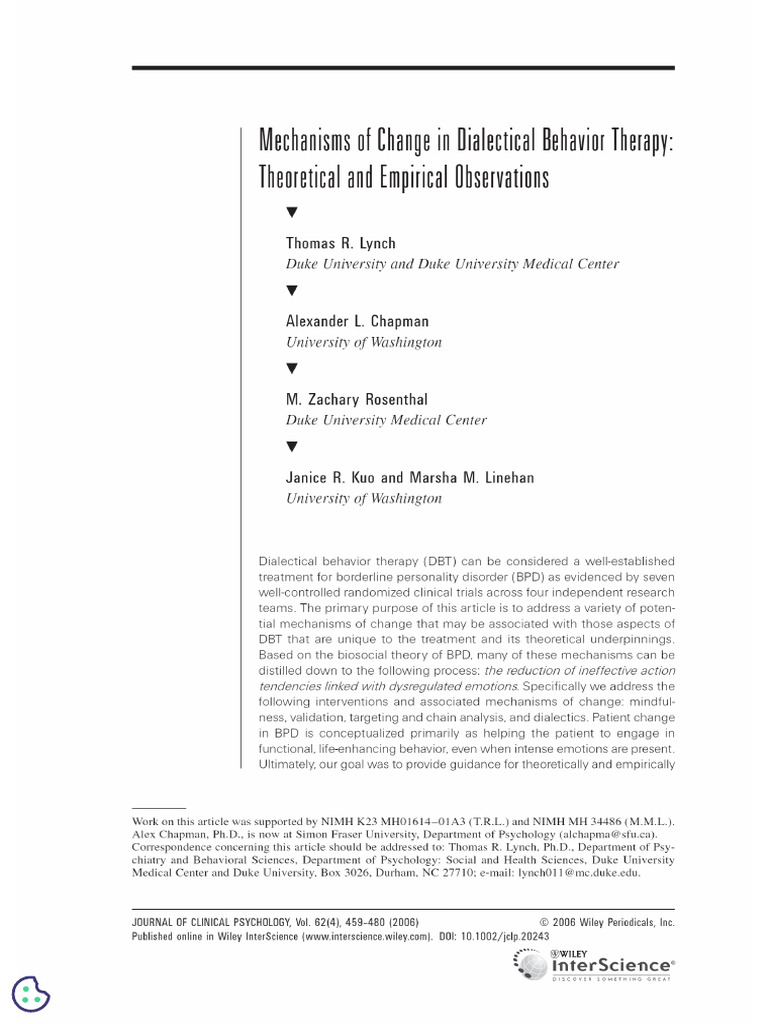 Mechanisms of Change in Dialectical Behavior Therapy | PDF | Free Software | Intellectual ...