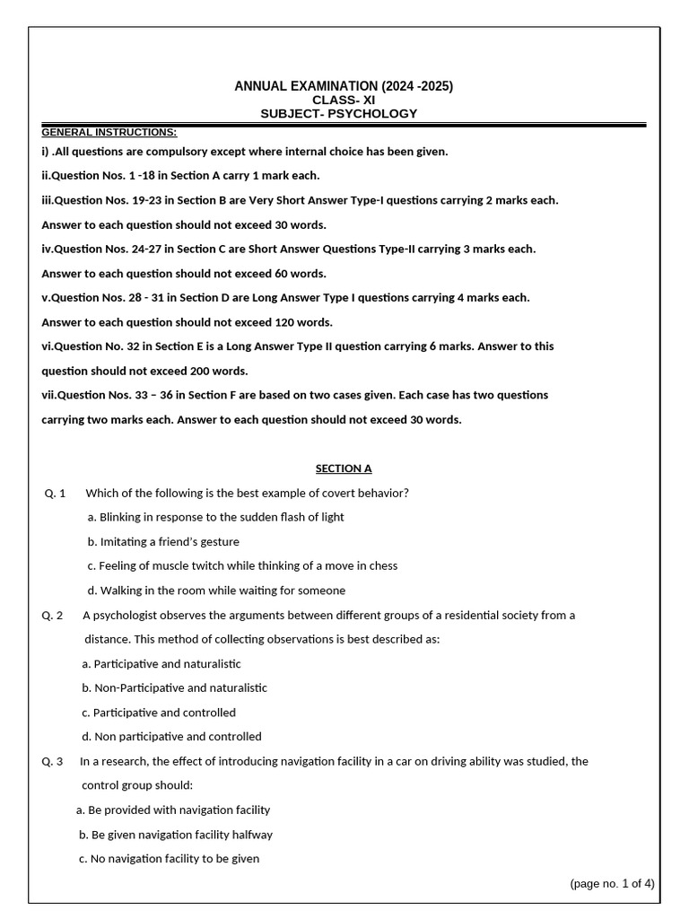 Class 11 Psychology Exam Pattern 2025 | PDF | Memory | Psychology