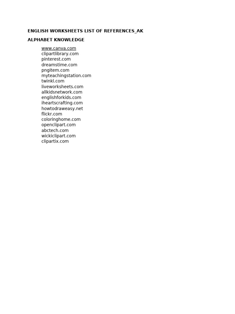 Ak - English Worksheets List of References | PDF
