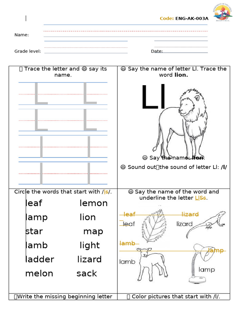 Letter L Learning Activities | PDF