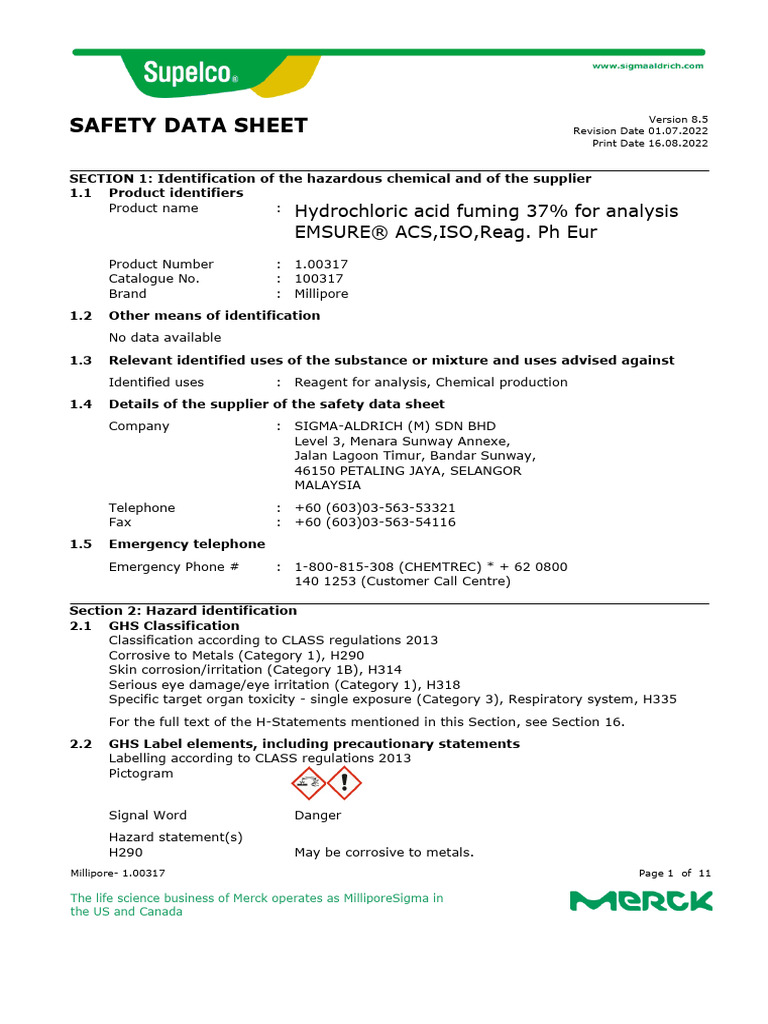 Hydrochloric Acid Fuming 37% For Analysis | PDF | Occupational Safety ...