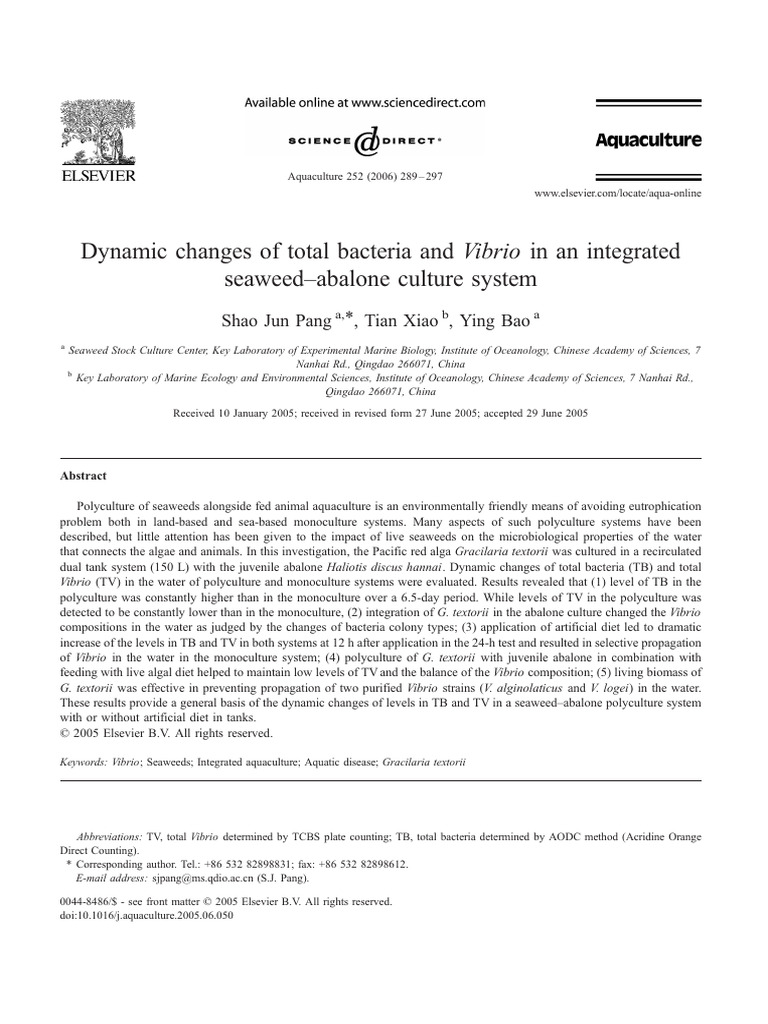 Dynamic Changes of Total Bacteria and Vibrio in An Integrated Seaweed ...