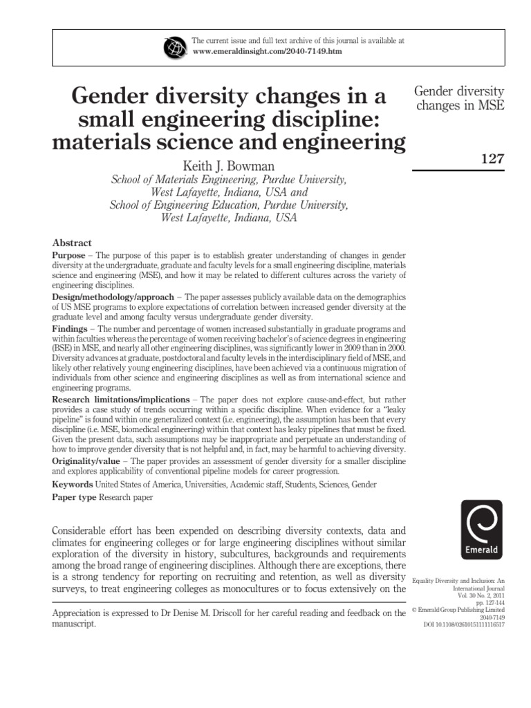 Gender Diversity Changes in A Small Engineering Discipline: Materials ...