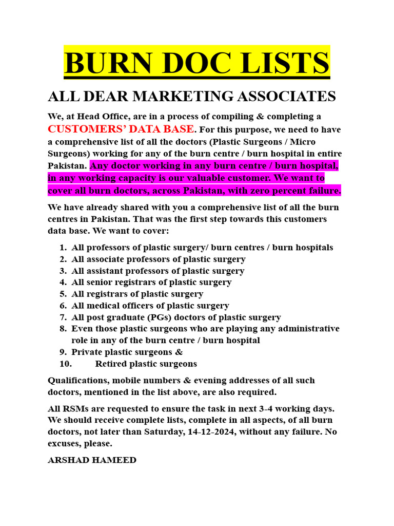 Comprehensive Burn Doctor Database Request | PDF