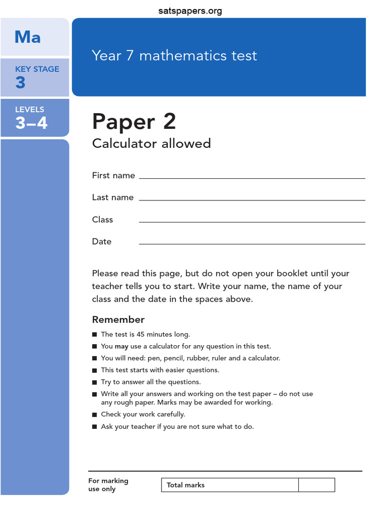 KS3 Year 7 Maths SAT 2011 - Paper 2 - Level 3-4 | PDF