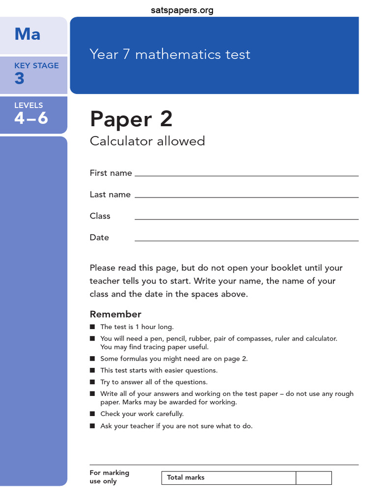 KS3 Year 7 Maths SAT 2011 - Paper 2 - Level 4-6 | PDF
