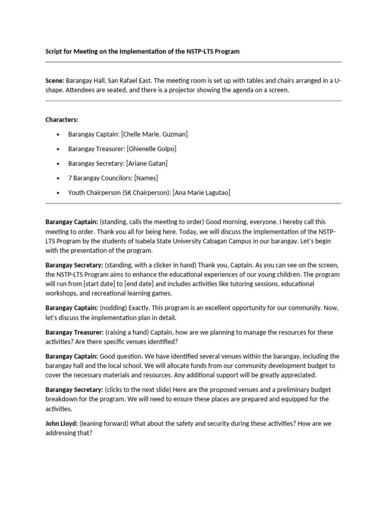 Script For Meeting On The Implementation of The NSTP | PDF