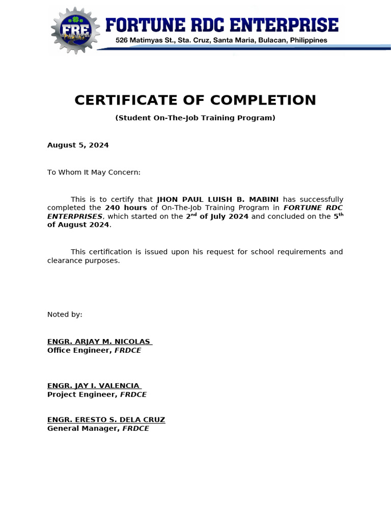Ojt Certificates | PDF