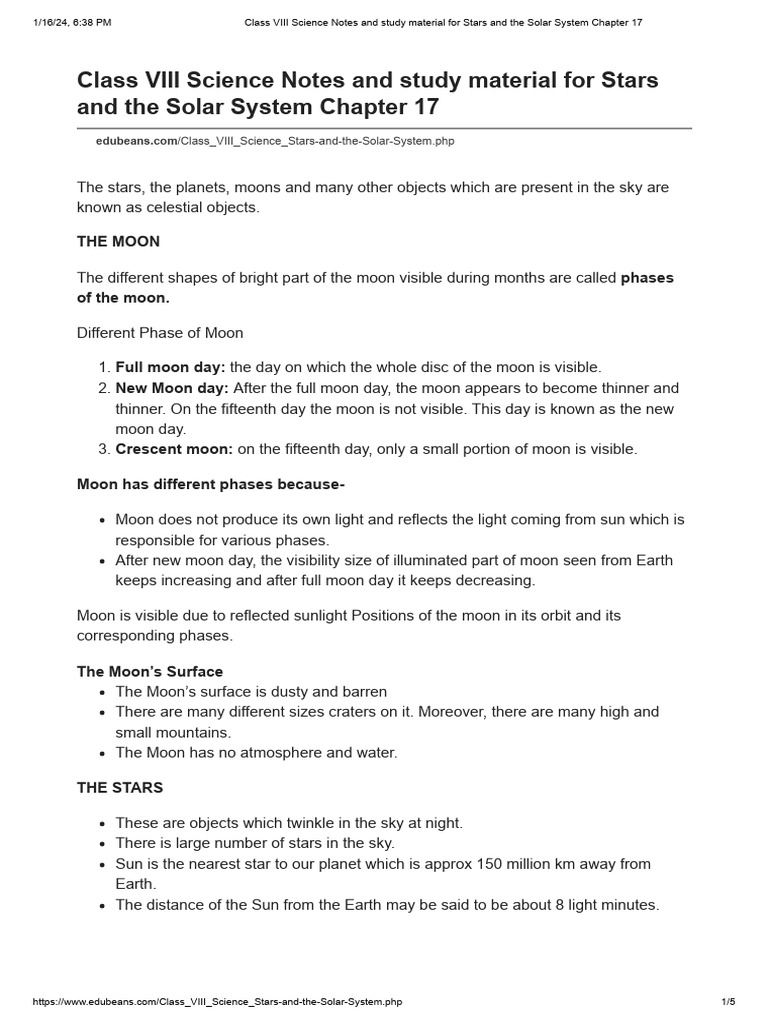 Class VIII Science Notes and Study Material For Stars and The Solar ...