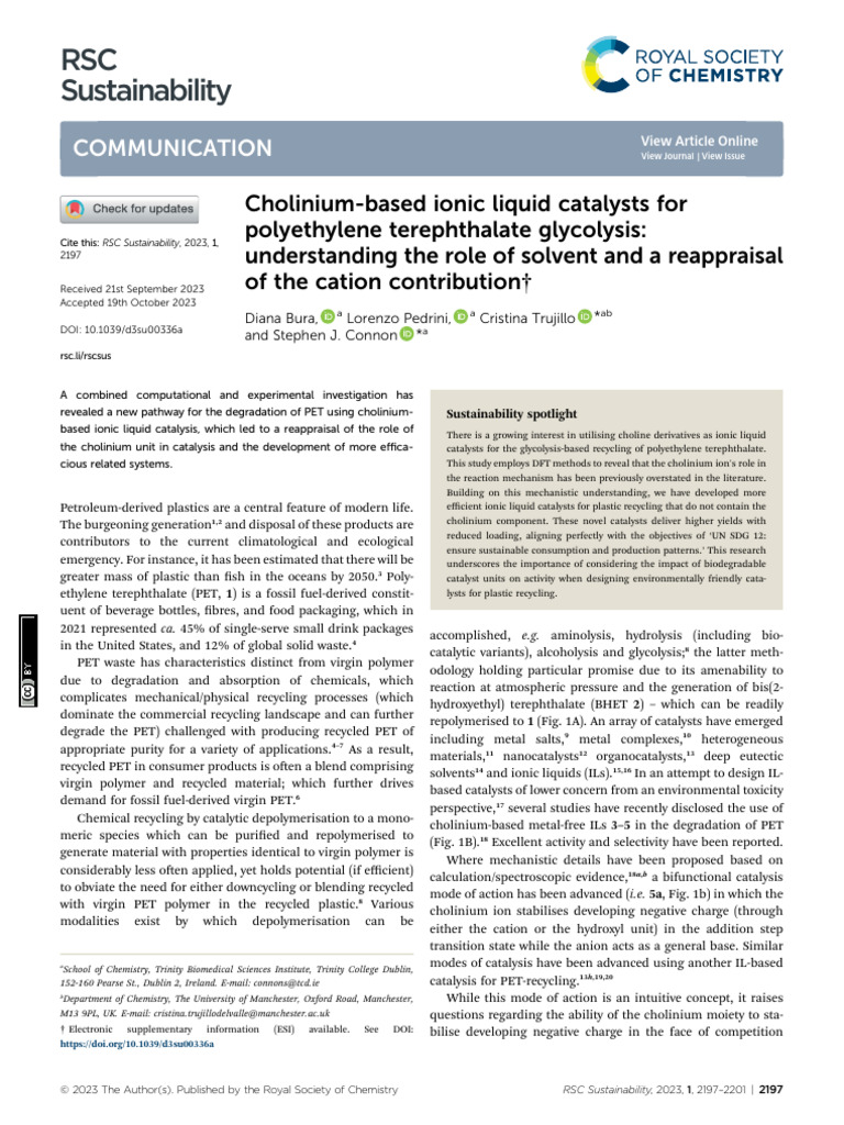 Cholinium Ionic Liquids in PET Glycolysis | PDF | Catalysis | Ion
