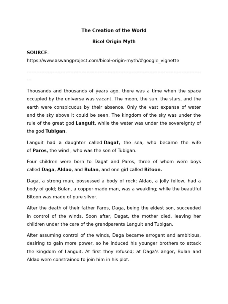 HUM01 CO1 Lesson 1 TEXT The Creation of the World - Tagged | PDF