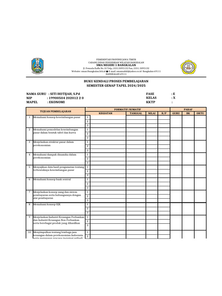 Buku Kendali Proses Akademik 2025-Mapel Ekonomi Kelas X | PDF