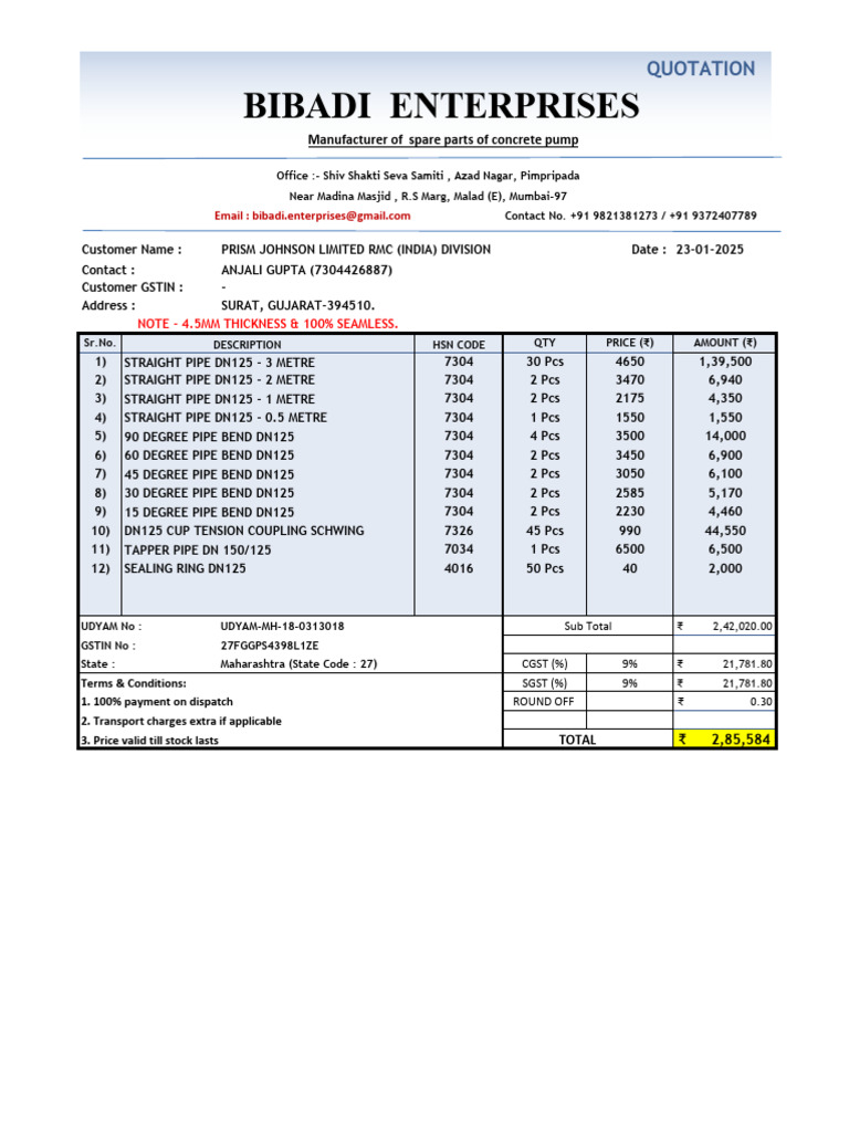 Quotation Prism RMC 23 01 25. | PDF | Equipment | Building Engineering