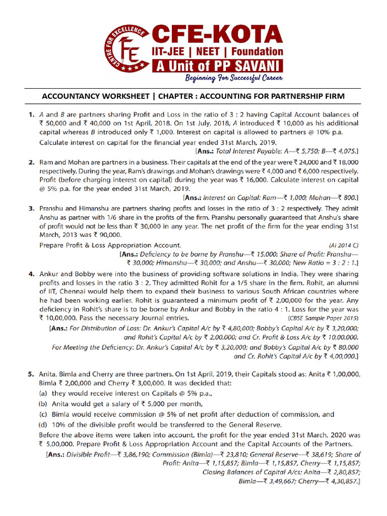 Accounting for Partnership Firms Worksheet | PDF