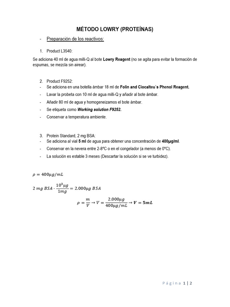 MÉTODO LOWRY | PDF | Concentración