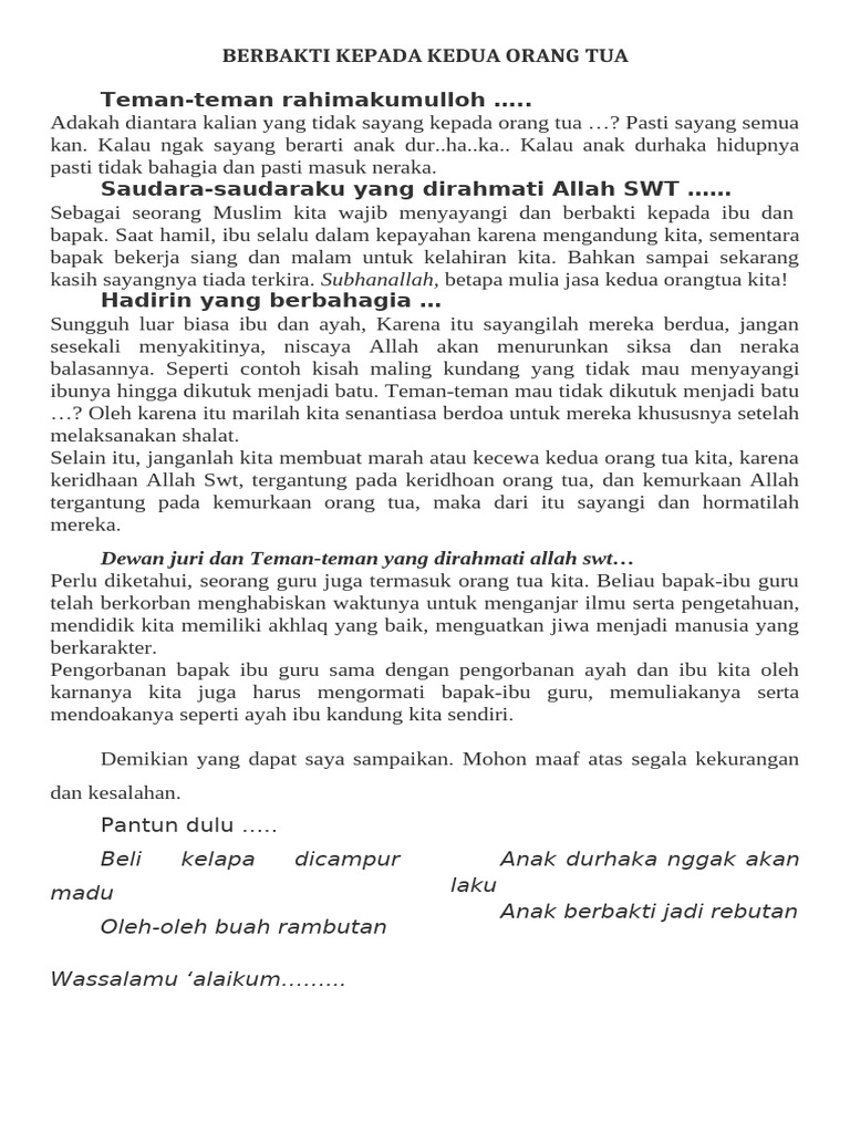 Teks Pidato Berbakti Kepada Orang Tua 2 | PDF