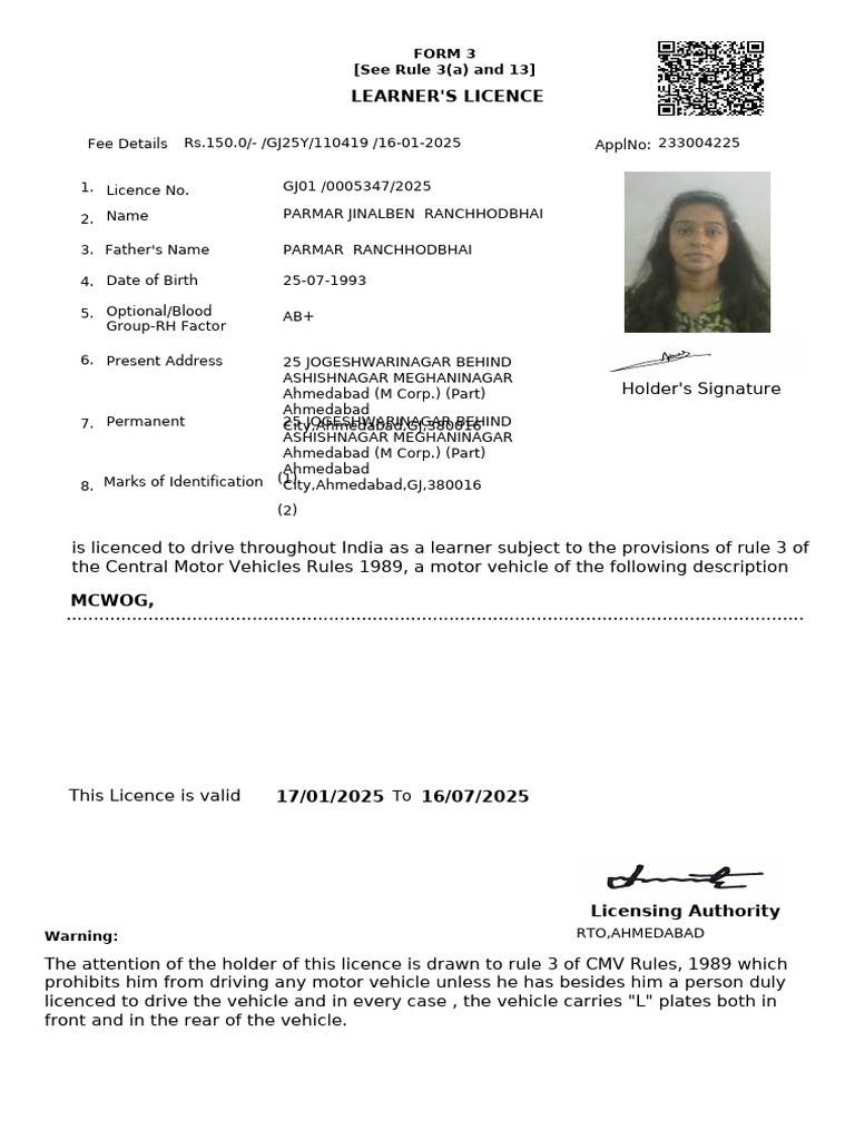 Learner'S Licence: Form 3 (See Rule 3 (A) and 13) | PDF