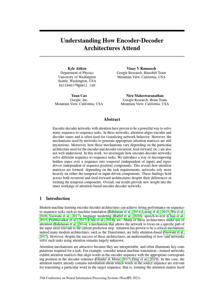 Neurips 2021 Understanding How Encoder Decoder Architectures Attend Paper Pdf Cognitive
