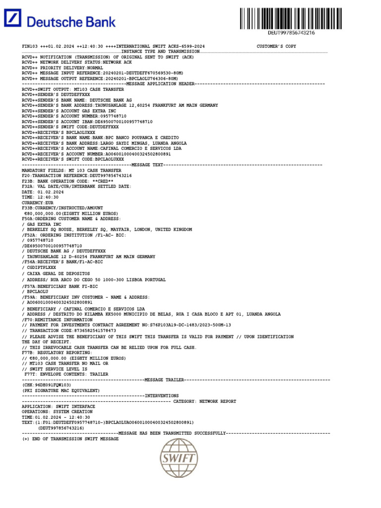 Swift MT103-80M Euros - Angola 01.02.2024 | PDF | Money | Payments