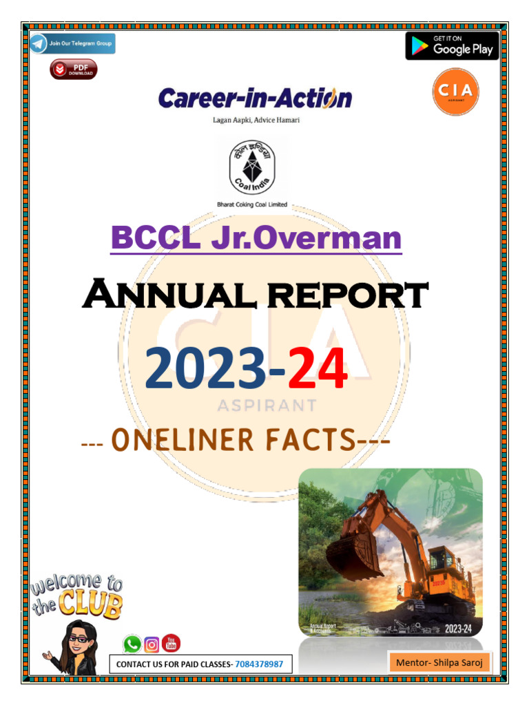 BCCL ANNUAL REPORT One Liner 2023-24 PDF by CIA | PDF | Coal | Methane