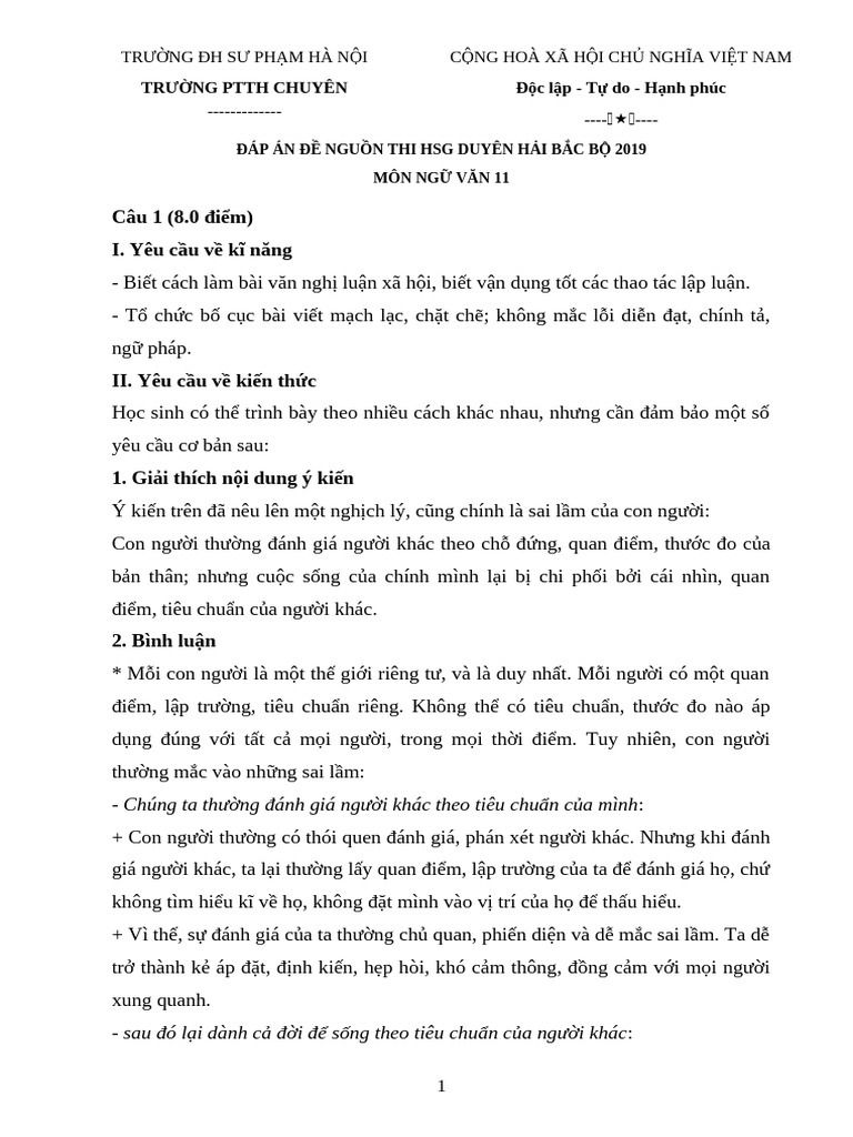 CSP Dap An de Nguon Ngu Van 11 DHBB 2019 | PDF