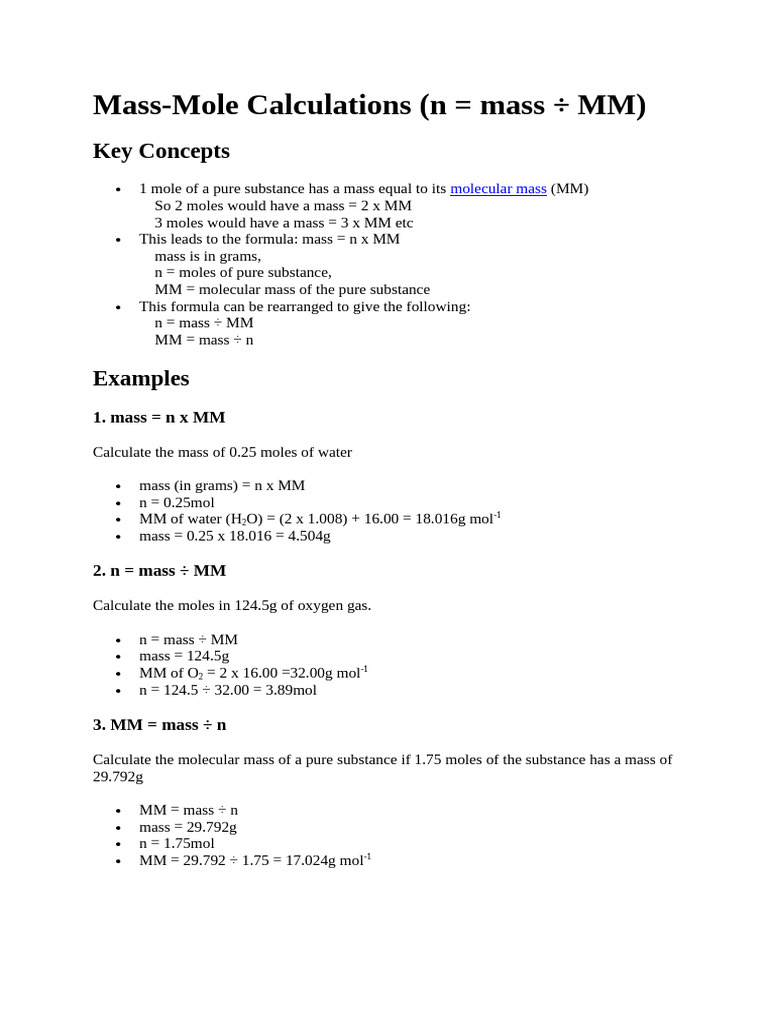 mole calculation | PDF | Mole (Unit) | Chemistry