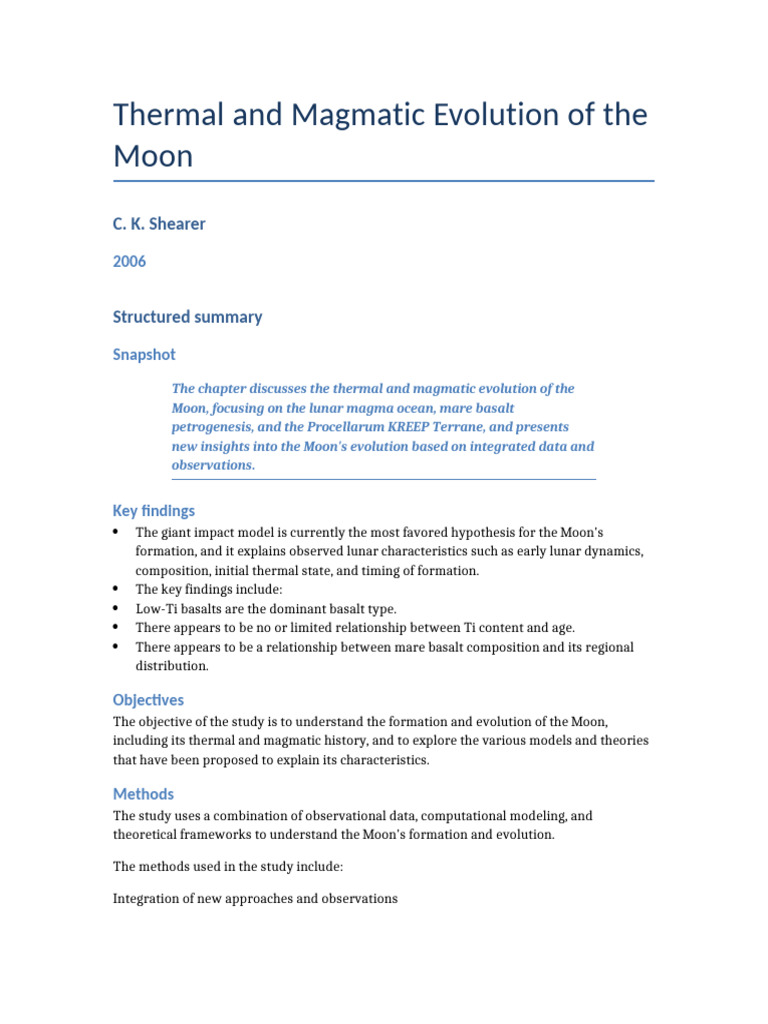 Thermal and Magmatic Evolution of The Mo PDF | PDF | Giant Impact ...