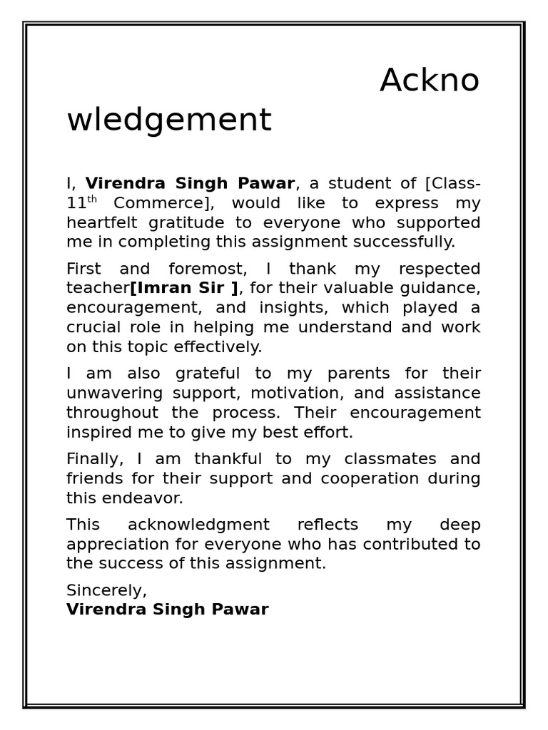 Acknowledgment for Class 11 Assignment | PDF