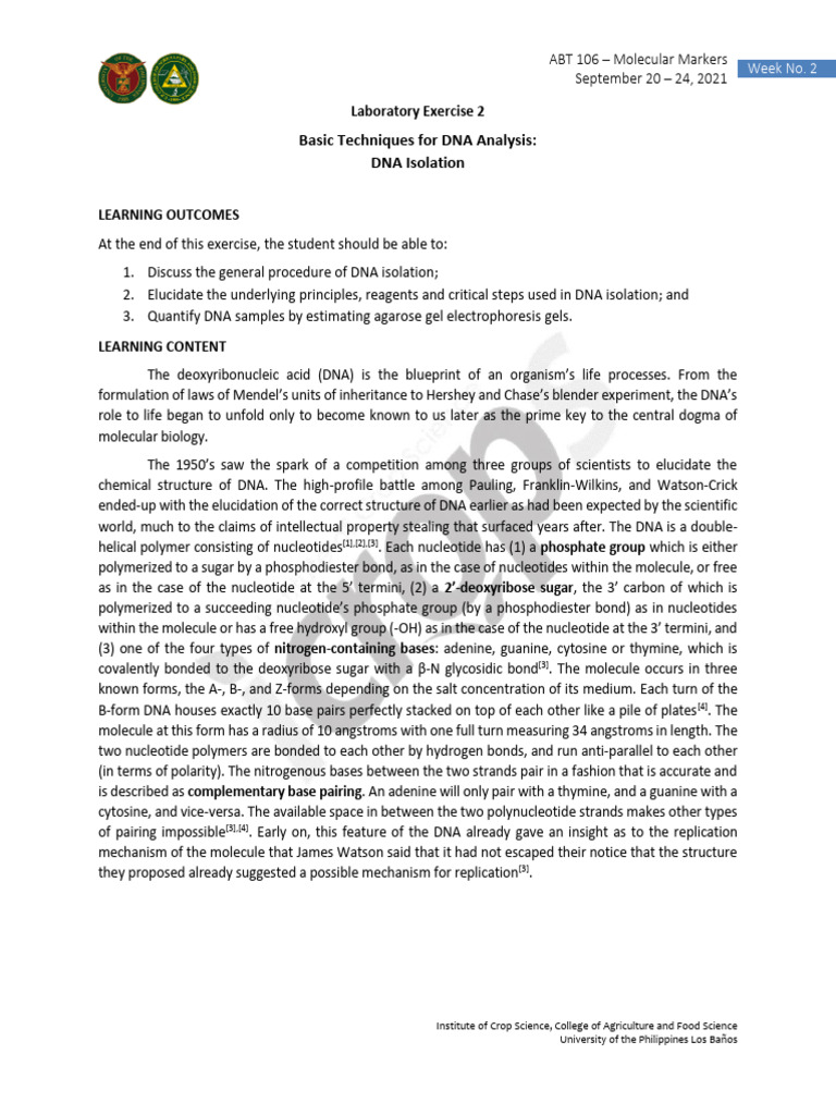ABT 106 - Laboratory Exercise 2 Learning Module | PDF | Agarose Gel Electrophoresis | Base Pair