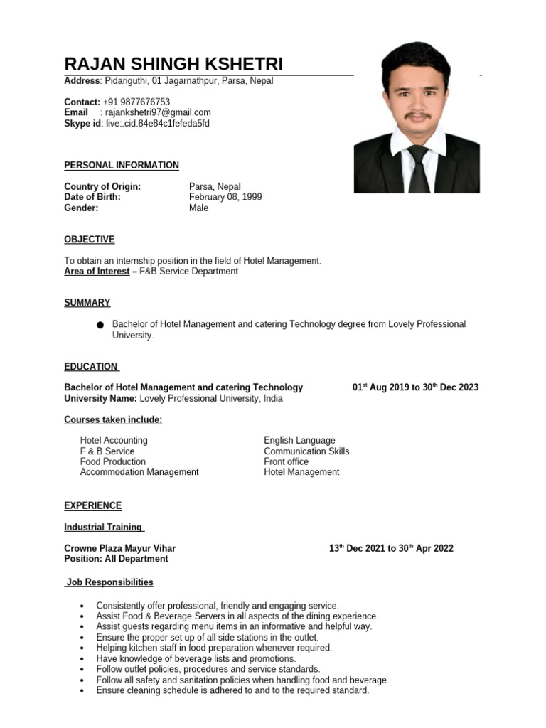 Rajan Shingh Kshetri - Resume F&B (Intern) | PDF