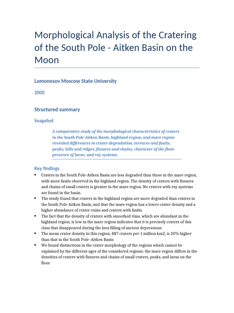 Morphological Analysis of The Cratering of The South Pole Aitken Basin ...