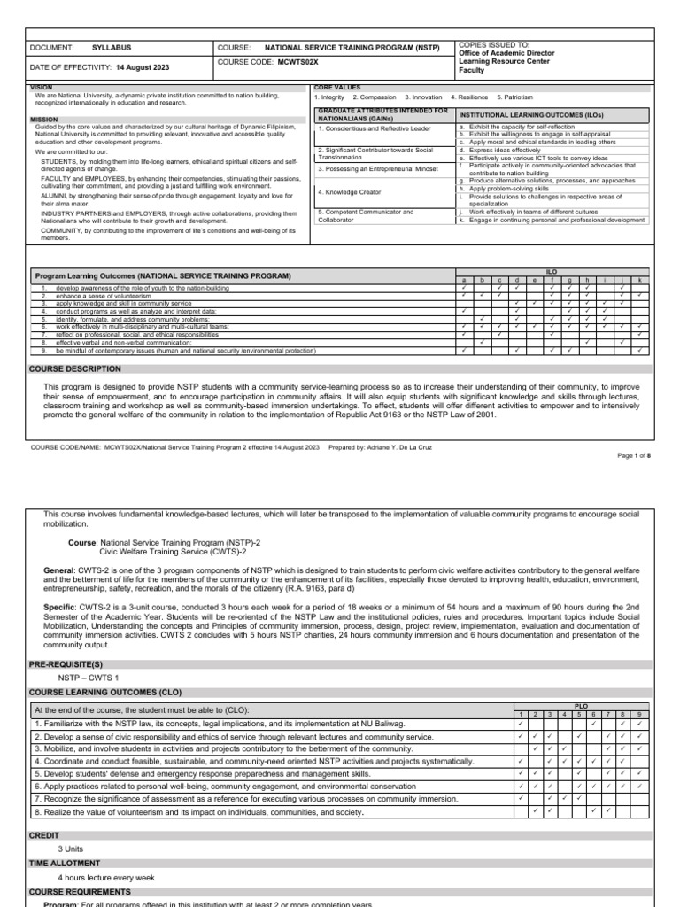 Syllabus NSTP 2 Edited Updated | PDF | Emergency Management | Evaluation