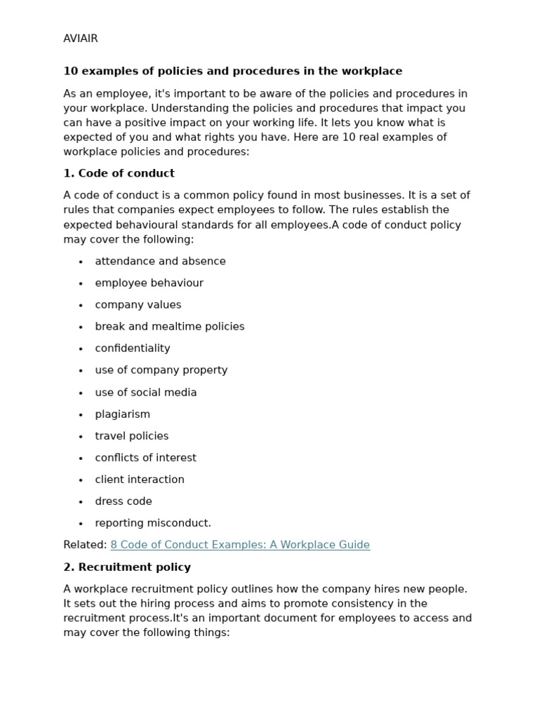 10 Examples of Policies and Procedures in The Workplace | PDF ...