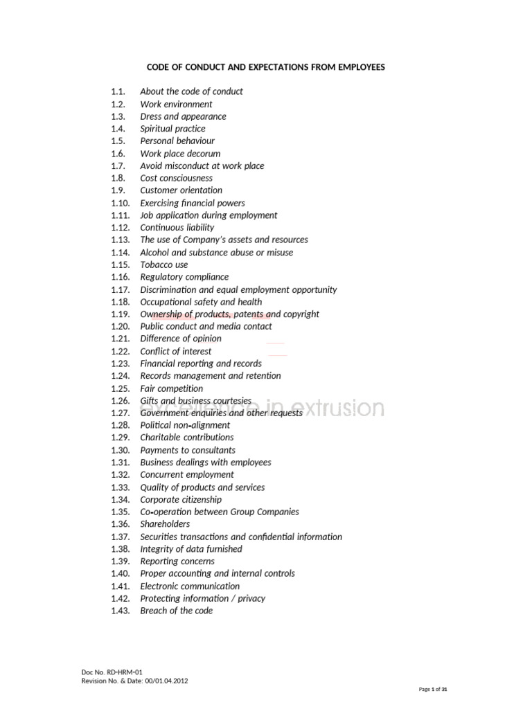 Code of Conduct and Expectations From Employees | PDF | Employment ...