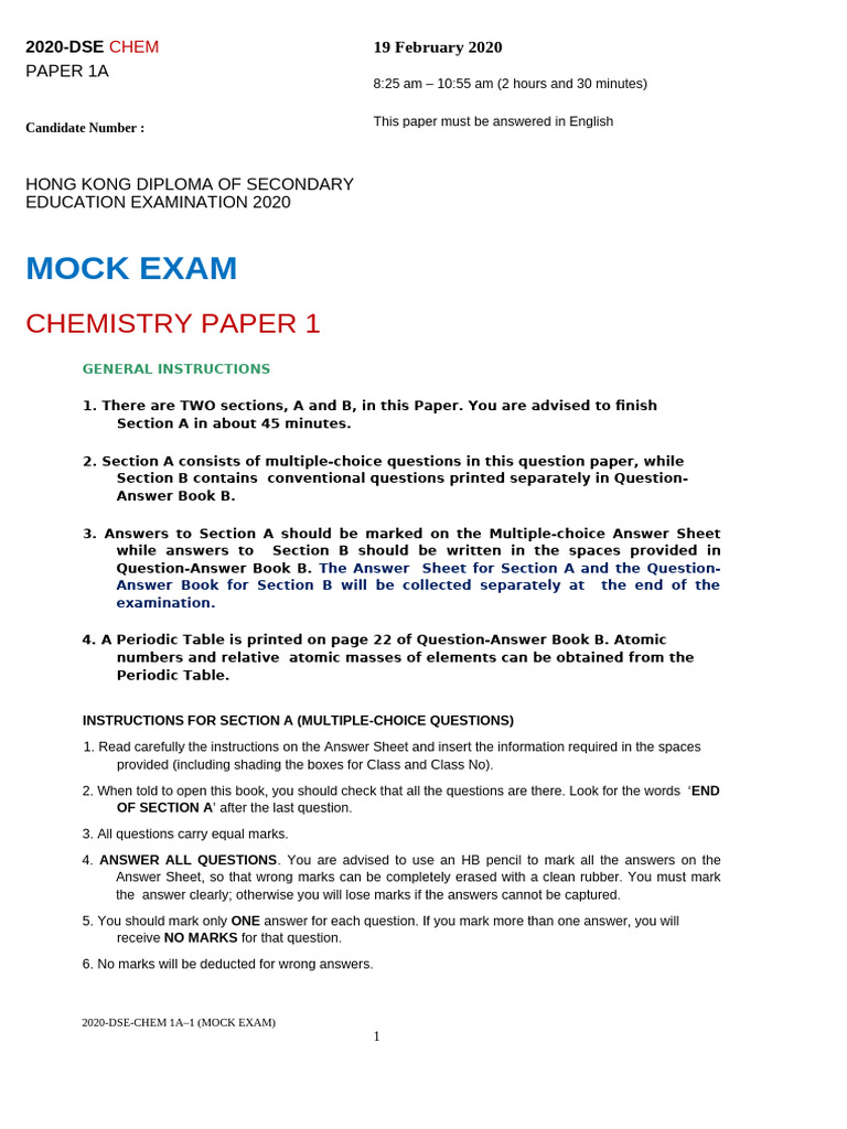 2020 DSE Chemistry Mock Exam Paper 1A | PDF | Gases | Ammonia