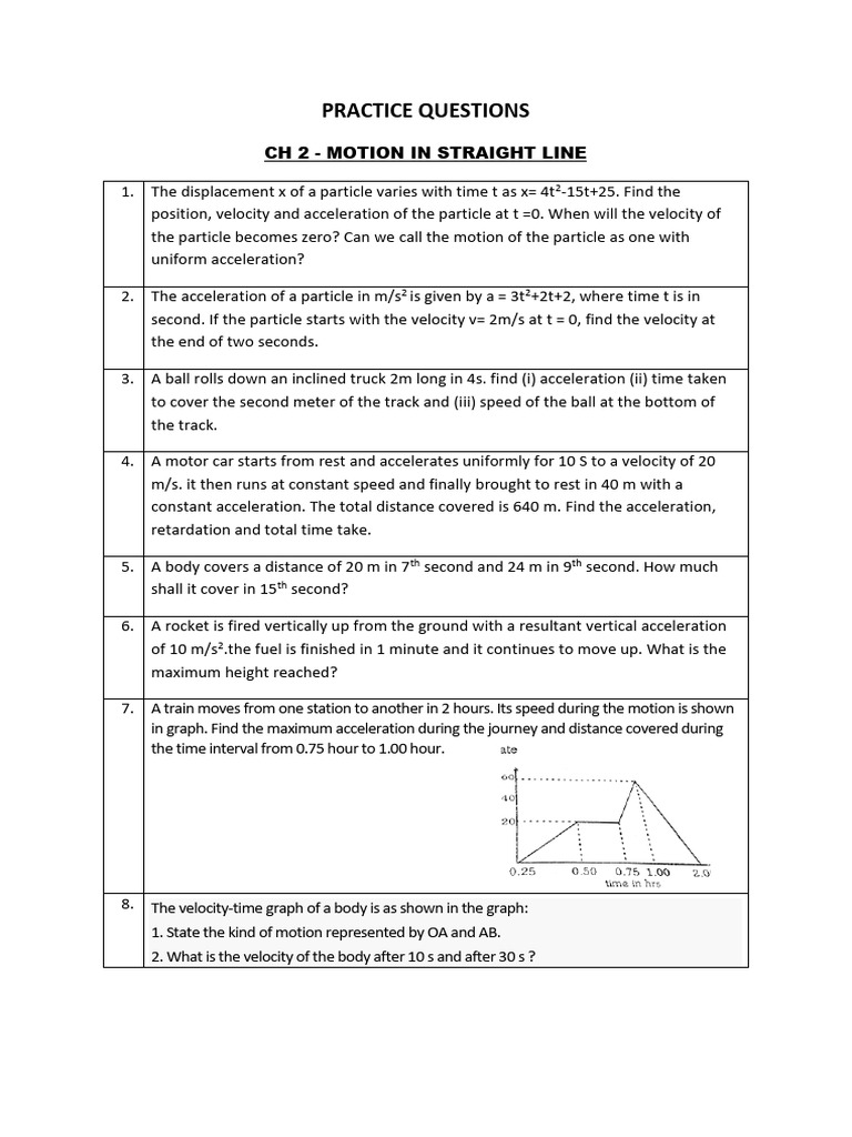 Motion in a Straight Line Practice | PDF