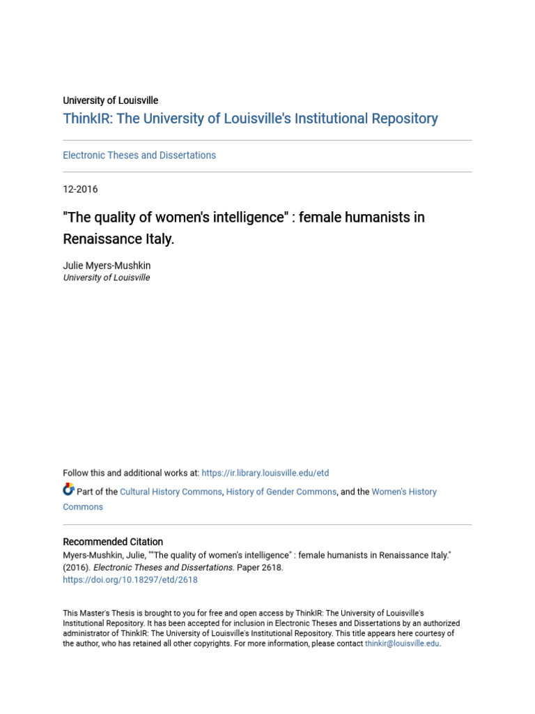 The Quality of Womens Intelligence - Female Humanists in Renai | PDF ...