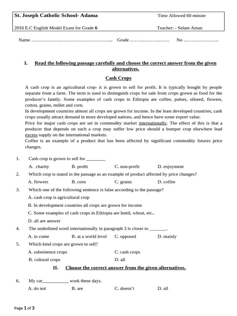 2016 E.C Model Grade 6 English | PDF | Cash Crop | Crops