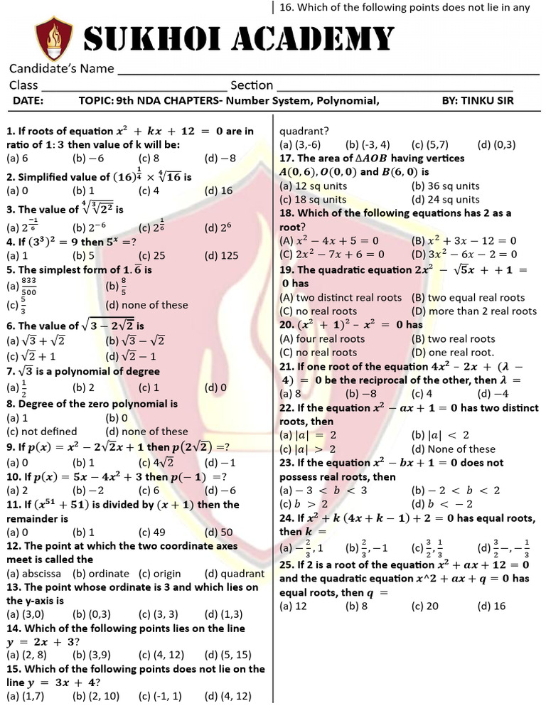 Math Quiz for NDA Aspirants | PDF | Zero Of A Function | Mathematical ...