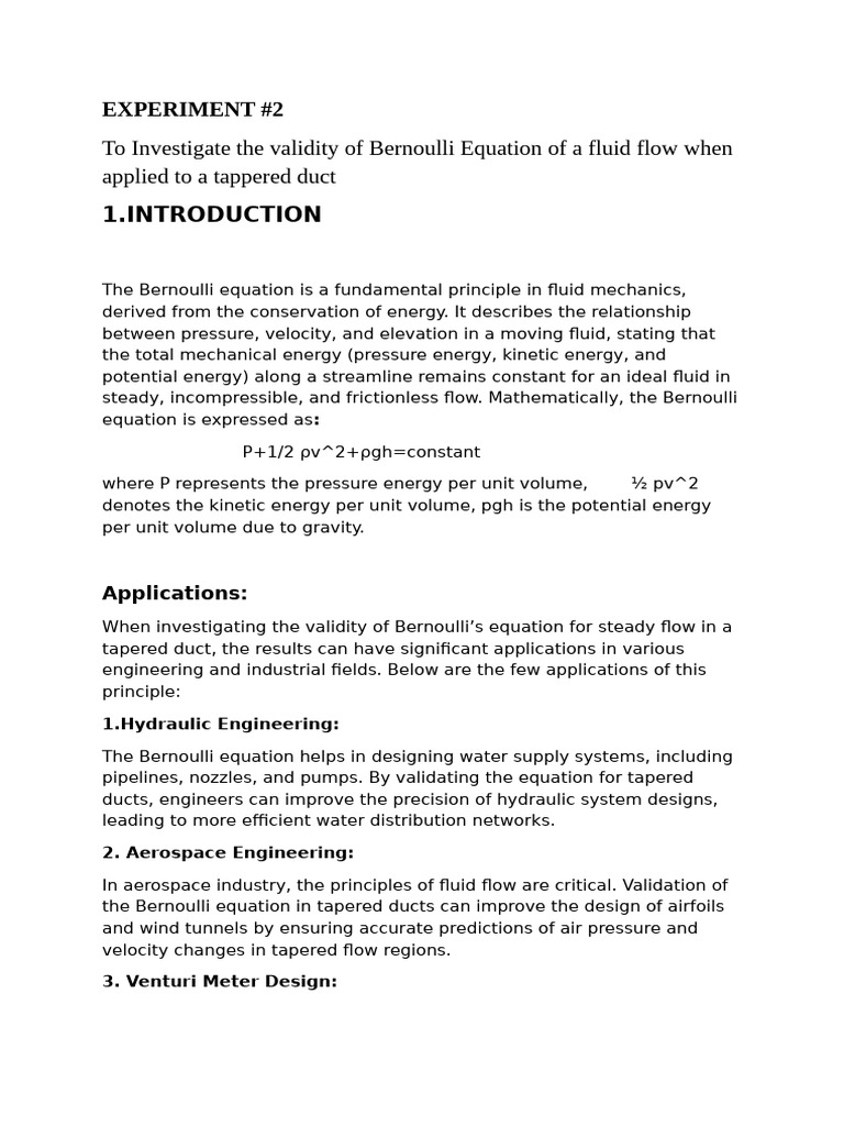 To Investigate The Validity of Bernoulli Equation of A Fluid Flow When Applied To A Tappered ...