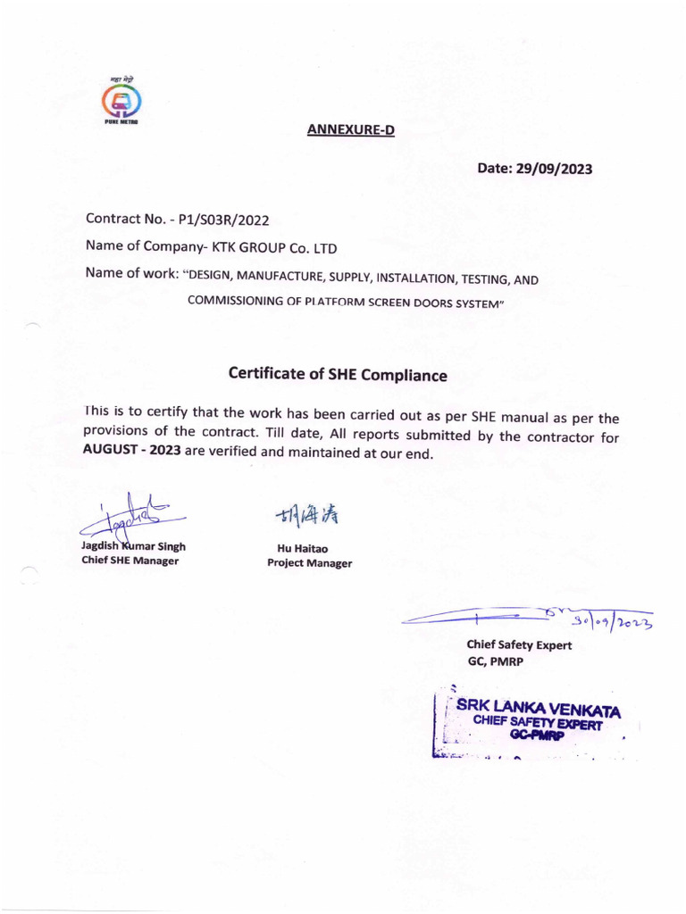 Certificate of SHE Compliance of Till August 2023 Annexure D | PDF