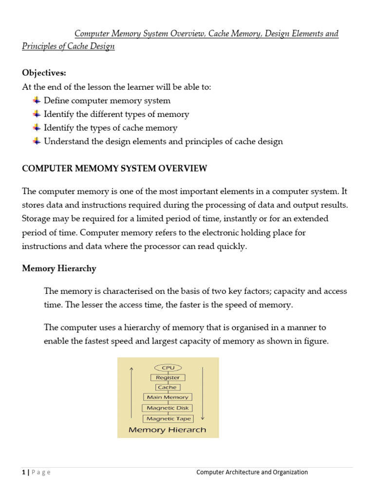 Computer Memory System Overview, Cache Memory, Design Elements and Priciples of Cache Design ...