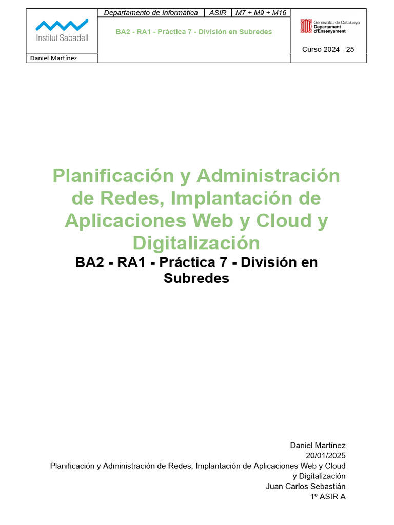 BA2 - RA1 - Práctica 7 - División en Subredes (Daniel Martínez) | PDF | Dirección IP ...