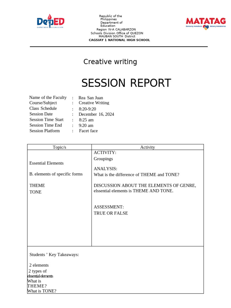 Creative Writing Session Report: Theme & Tone | PDF