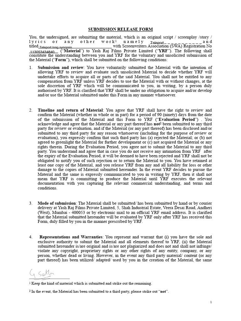 YRF Script Submission Release Form | PDF | Indemnity | Justice