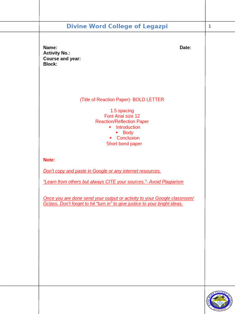 Format in Reaction Paper Sample Format | PDF