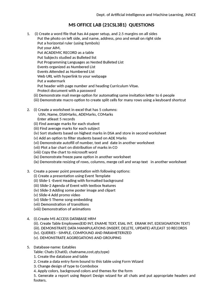 MS Office Lab Questions | PDF | Microsoft Access | Microsoft Excel